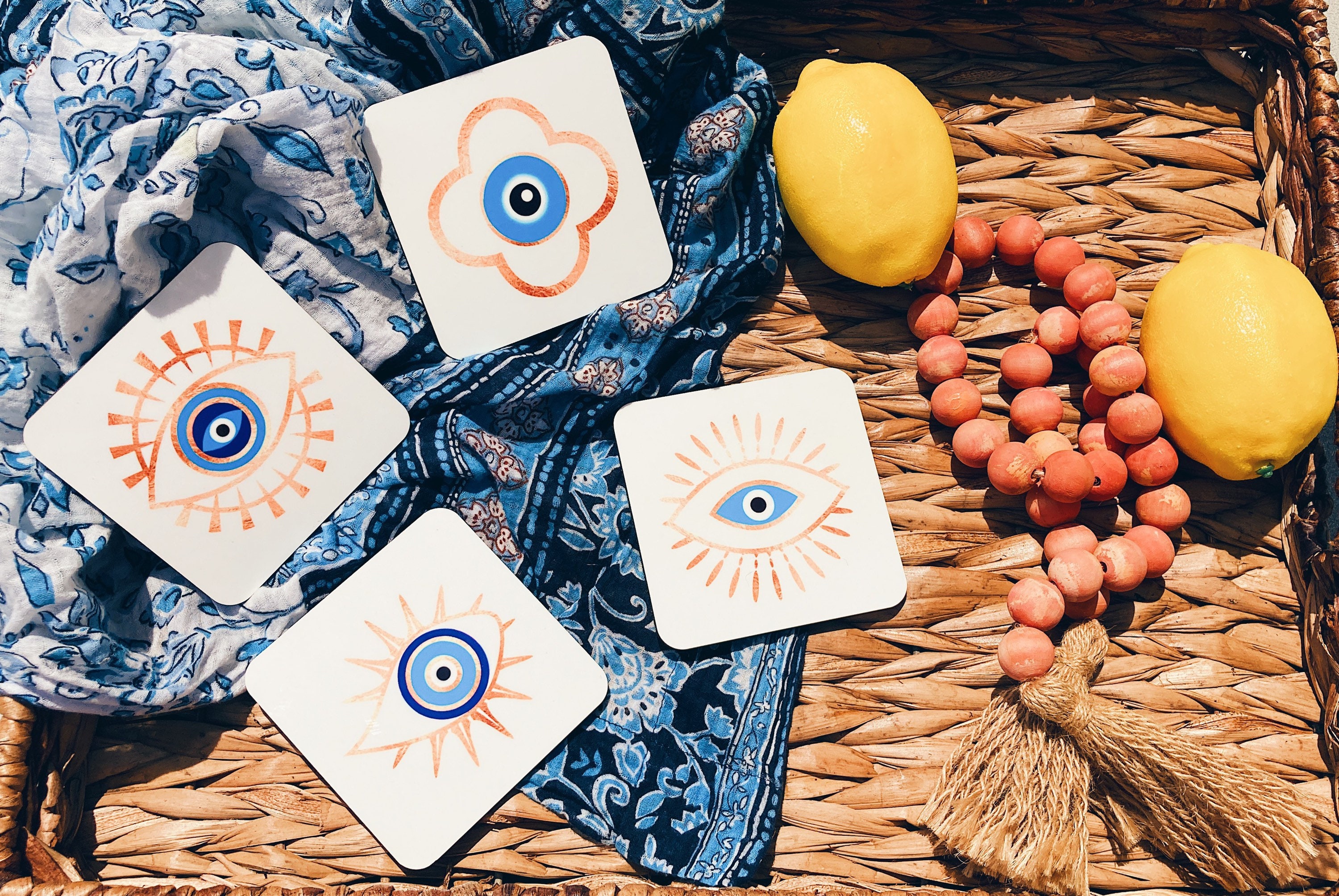 Evil Eye Coasters Set of 4 Cork Back Coasters Greek | Etsy