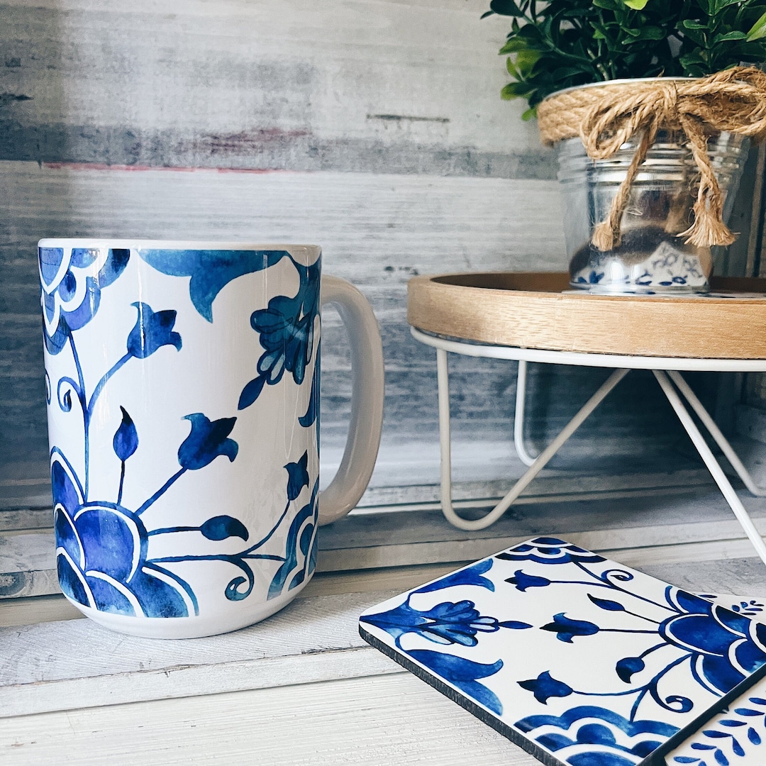 Santorini Blue Tile Mug, Italian Maiolica Tile Mug, Mediterranean 15 Oz ...