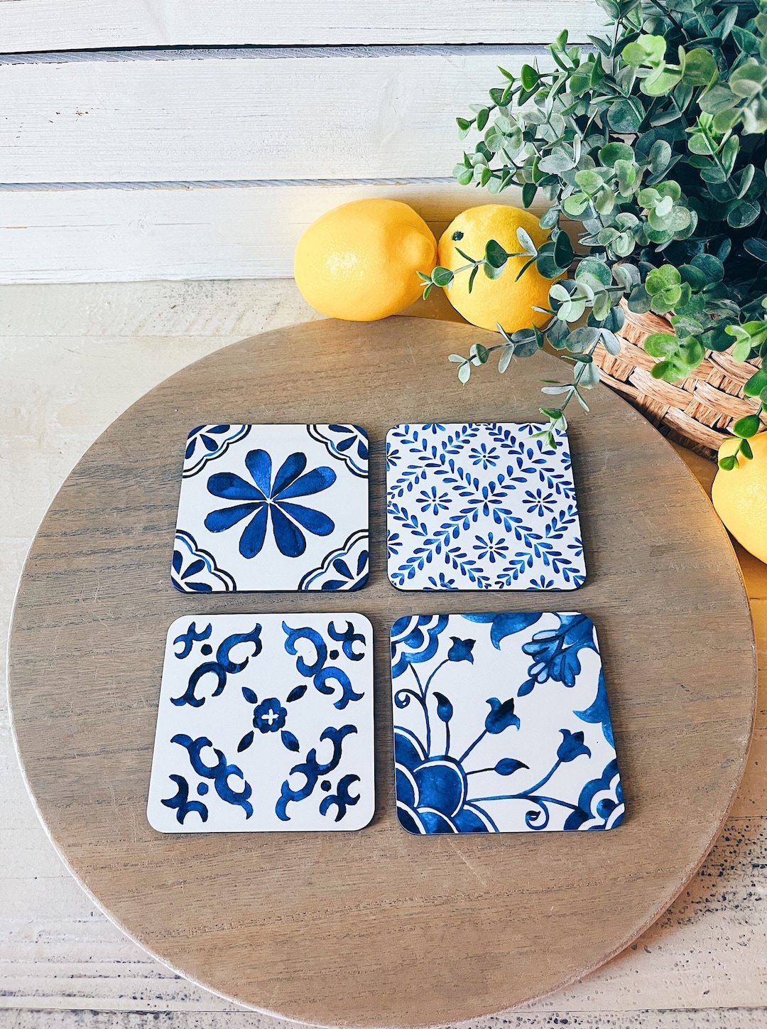 Santorini Tile Coasters: Mediterranean Blue and White Watercolor ...