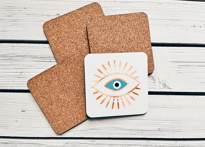 Evil Eye Coasters | Set of 4 Cork Back Coasters | Greek Inspired | Bar ...