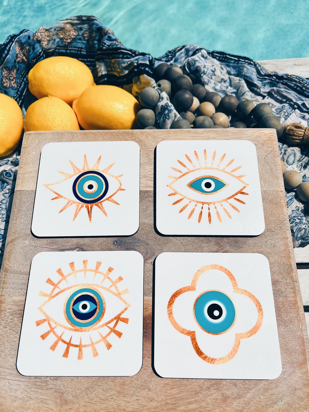 Evil Eye Coasters | Set of 4 Cork Back Coasters | Greek Inspired | Bar ...
