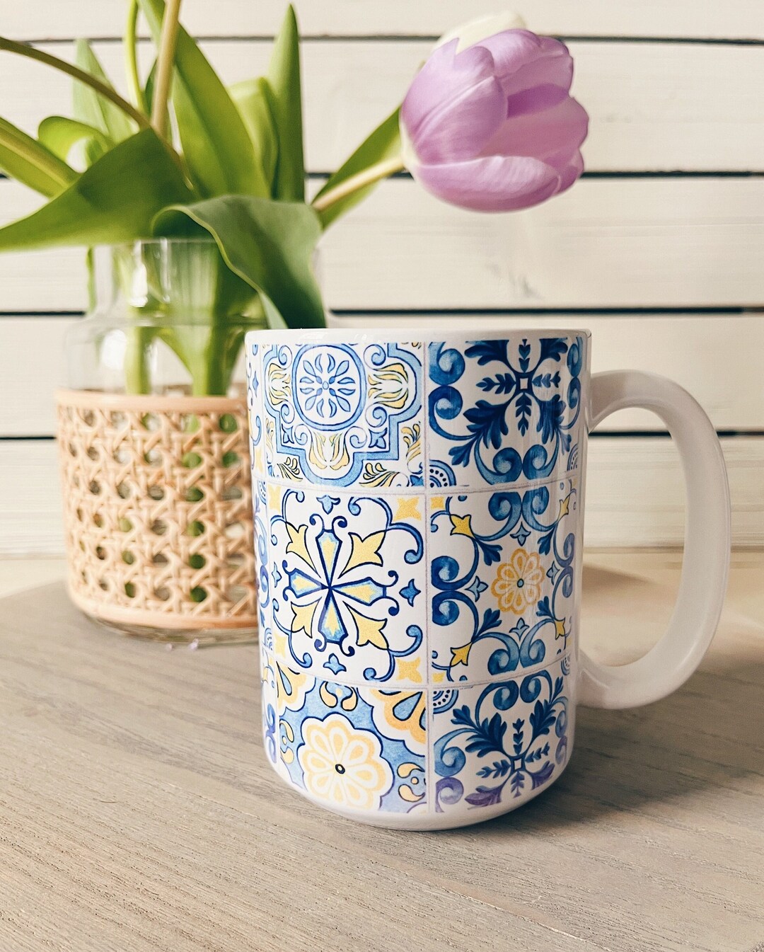 Mediterranean Tile Mug: Blue & Yellow Floral Design (15 Oz) - Etsy