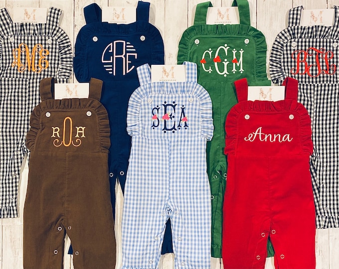 Personalized Corduroy and Gingham Ruffle Overalls, Monogrammed Overalls ...
