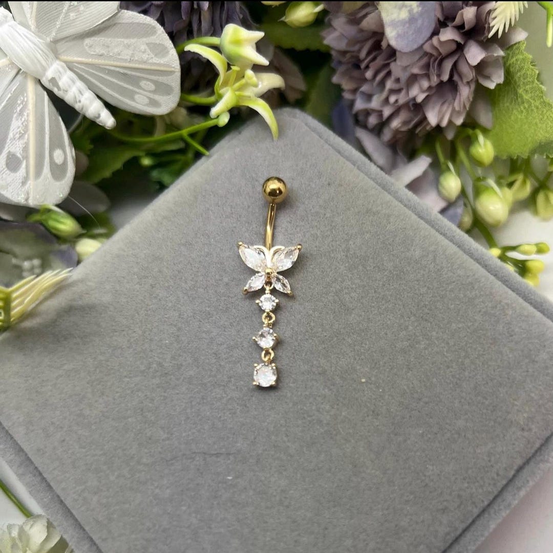 Gold Butterfly Belly Bar, Dangle Belly Bar, Gold Belly Bar, Body ...