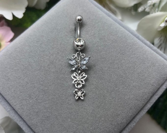 Silver Butterfly Belly Bar, Crystal Belly Bar, Silver Belly Bar, Body ...