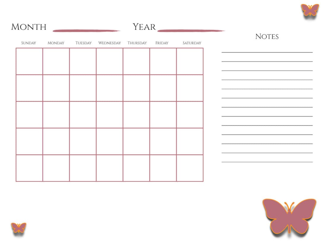 Butterfly Calendar Fill in With Note Section - Digital Download - Etsy