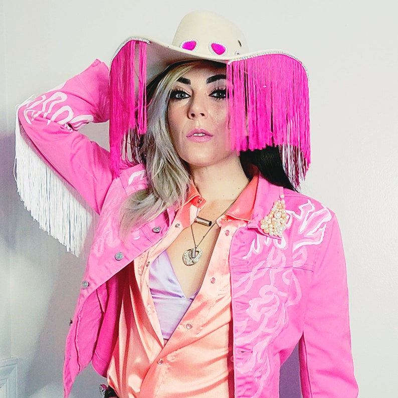 Flamin' HOT Pink Rhinestone Fringe Denim Jacket - Etsy