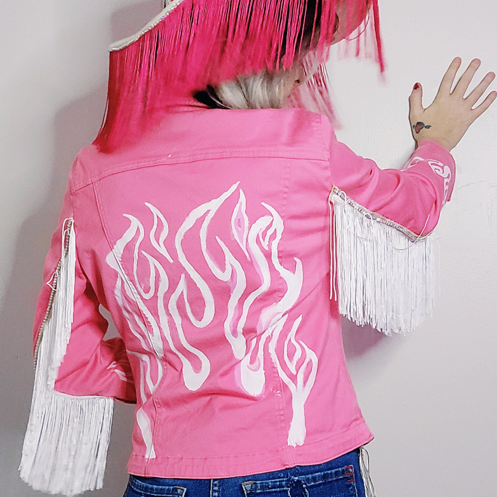 Flamin' HOT Pink Rhinestone Fringe Denim Jacket - Etsy