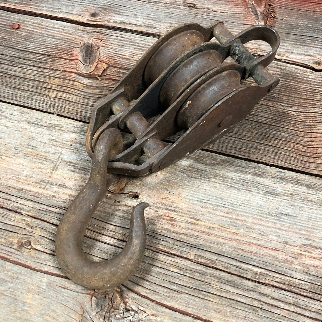 Vintage Steel Block & Tackle With Wooden Pulley, Antique Hardware ...