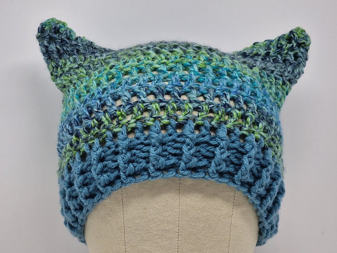 Handmade Crochet Cat Hat, Cat Ear Beanie, Cat Ear Hat in Blue and Green ...