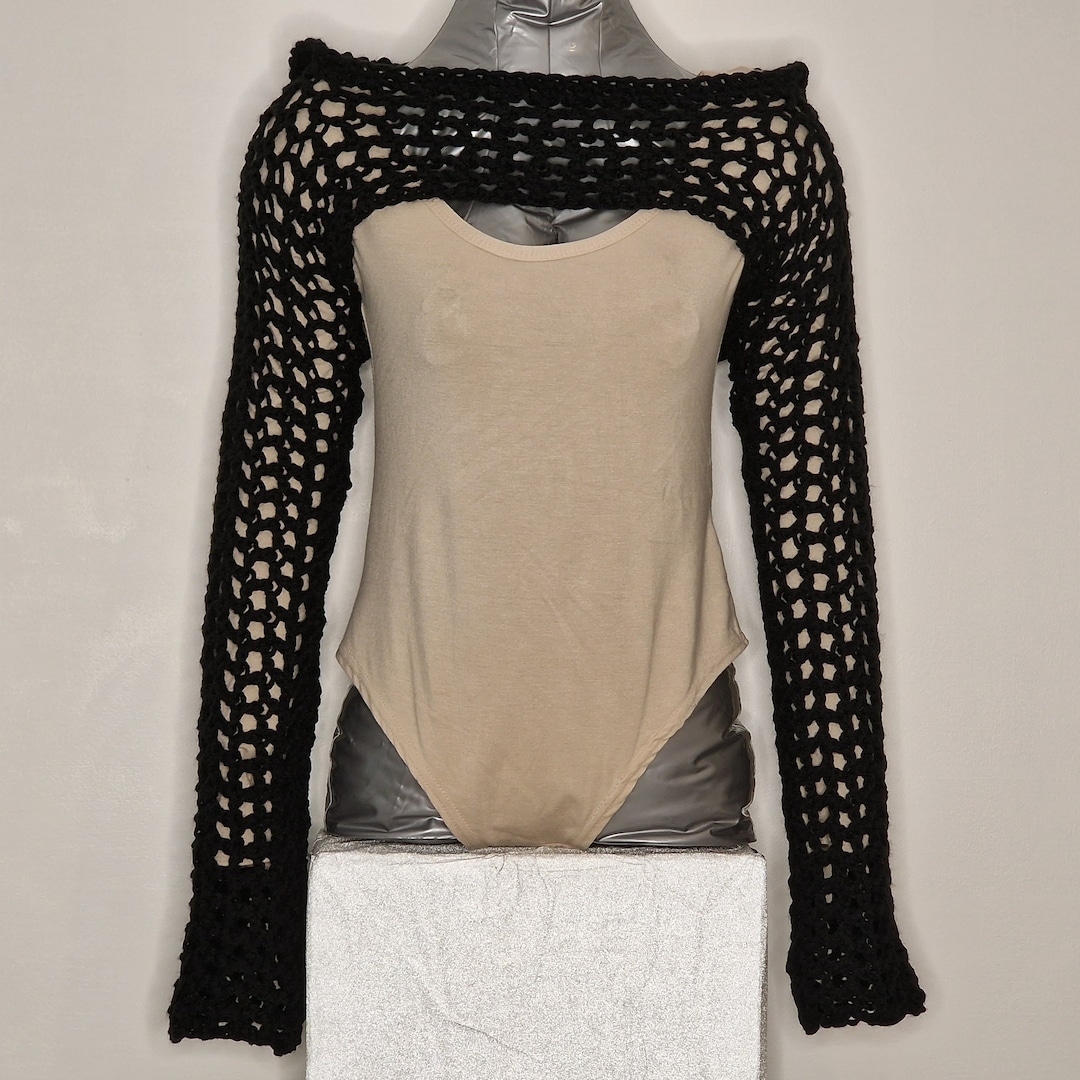 Handmade Crochet Hooded Crop Top, Arm Warmer Sleeves, Cover up in Black ...
