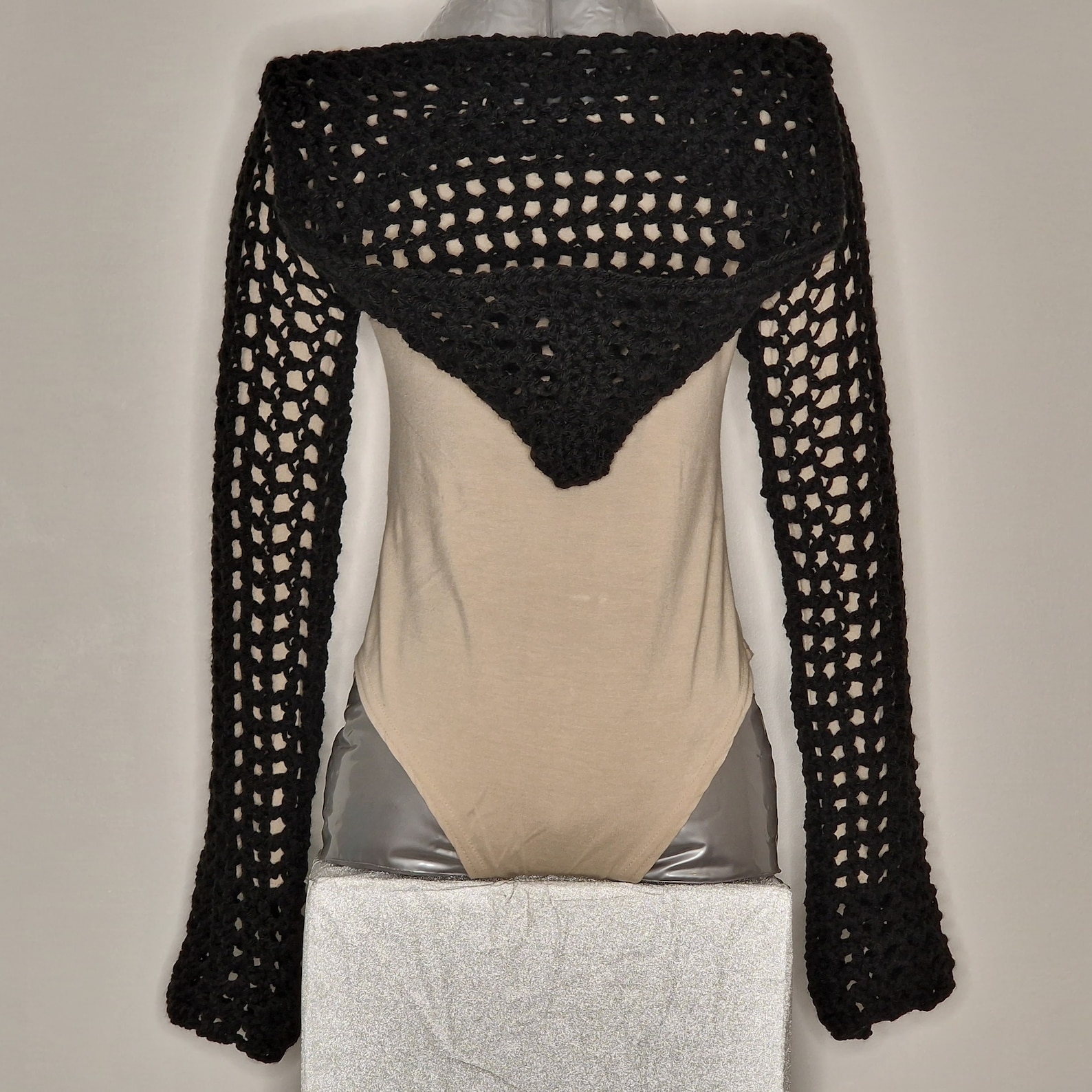 Handmade Crochet Hooded Crop Top, Arm Warmer Sleeves, Cover up in Black ...