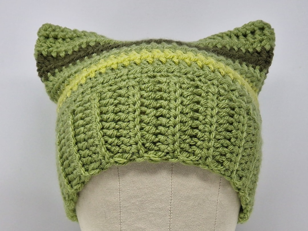 Handmade Crochet Cat Hat, Cat Ear Beanie, Cat Ear Hat in Green Stripes ...