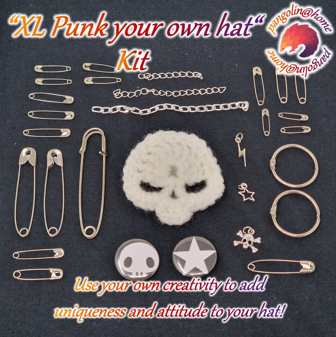 XL Safety Pin Punk Your Own Hat Kit, Extra Skull Badge Adds Attitude ...