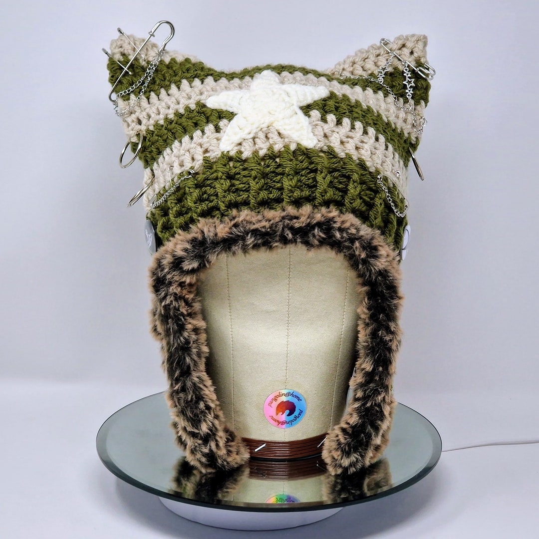 Handmade Crochet Cat Ear Hat in Khaki Green With Beige Stripes With ...