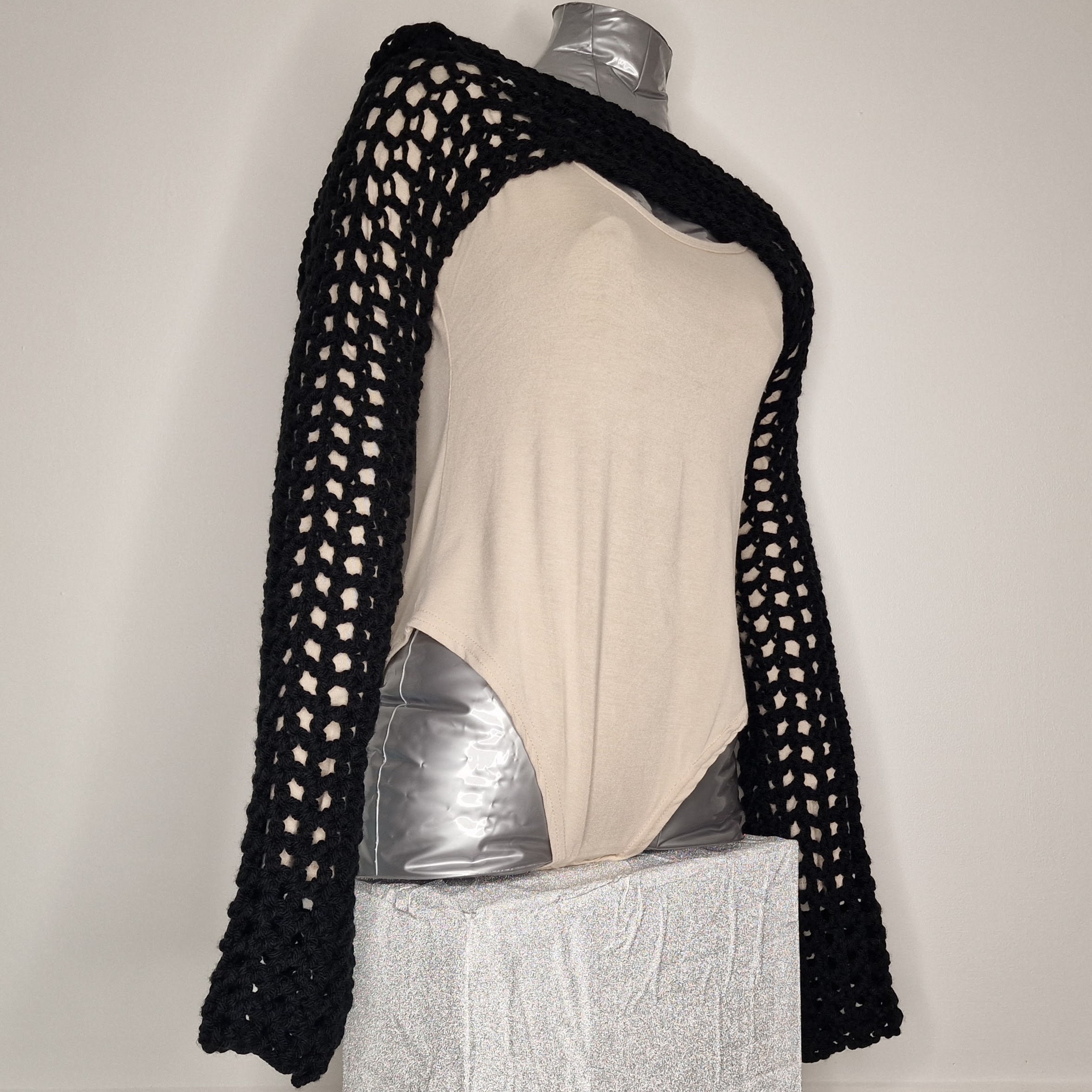 Handmade Crochet Hooded Crop Top, Arm Warmer Sleeves, Cover up in Black ...