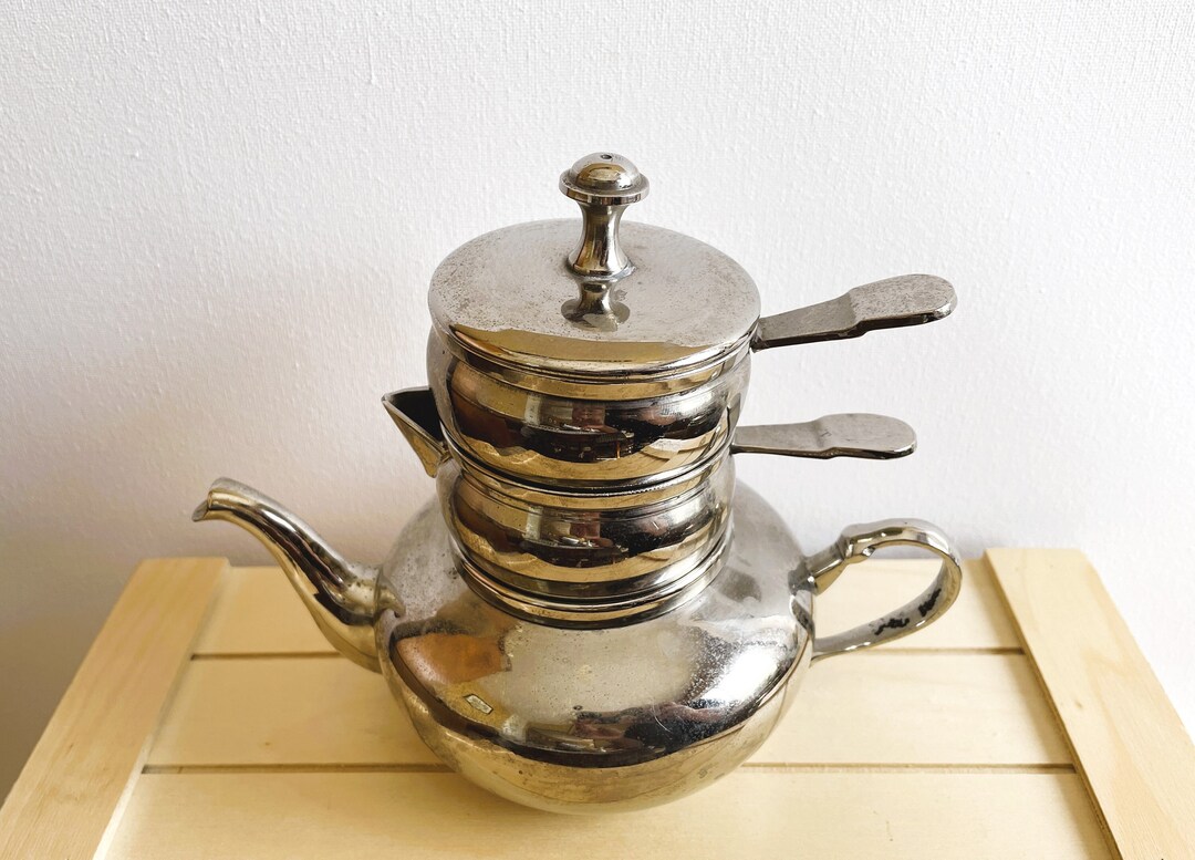 Stacking Silver Plate Teapot Cream and Sugar Set, Stackable Personal ...