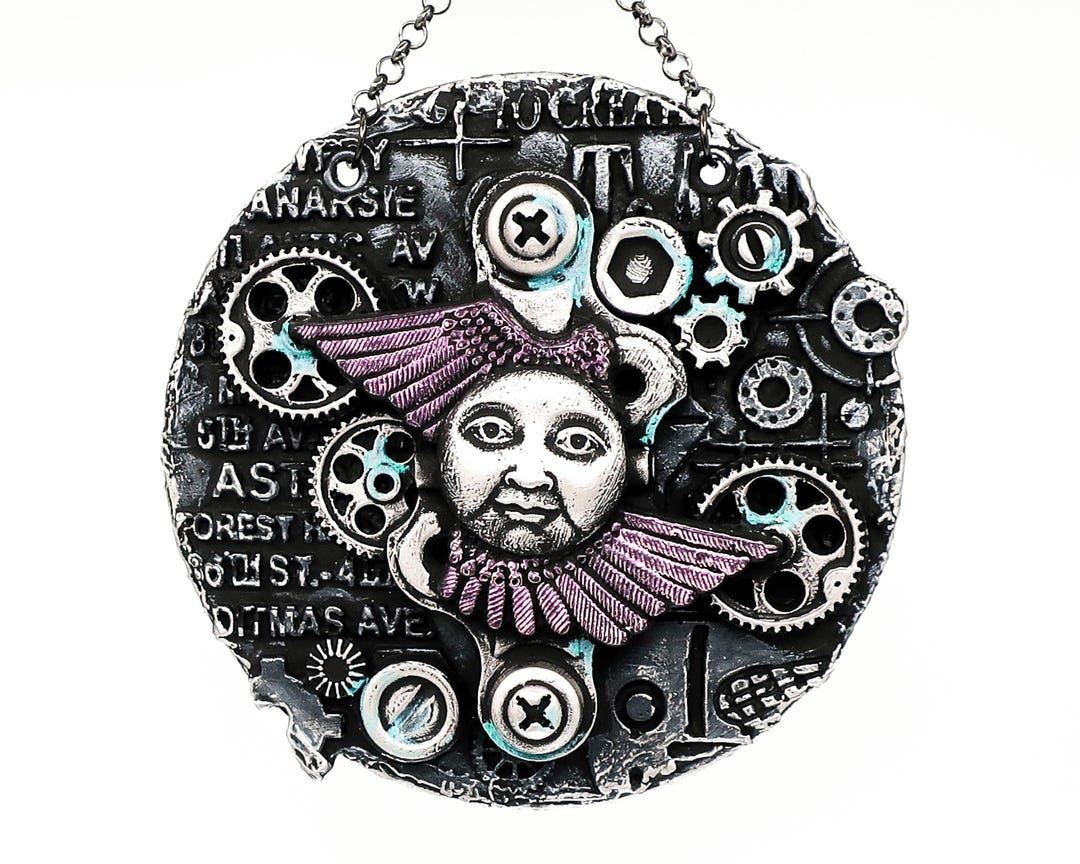 Moon Face Gears and Cogs Mini Wall Hanging , Funky Steampunk Father Day ...