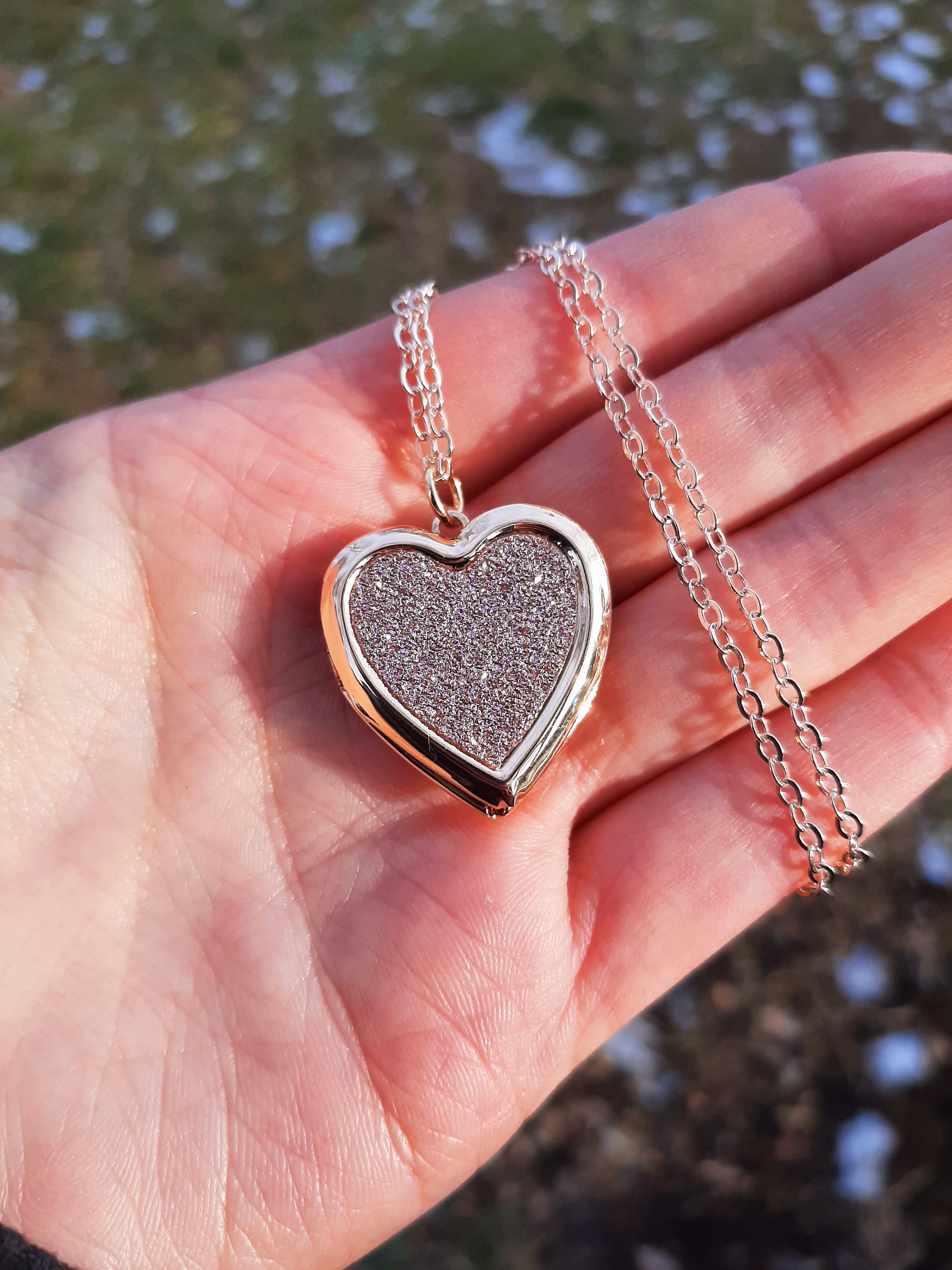 Pink Glitter Heart Necklace / Heart Locket Necklace / Rose Gold Locket ...