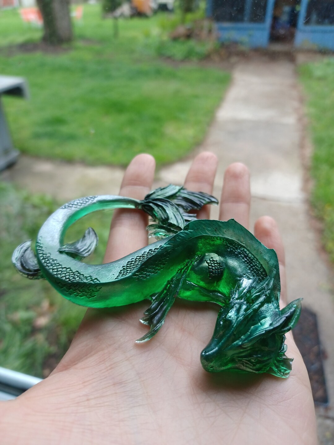 Emerald Green and Charcoal Silver Dragon / Dragon Figurine / Resin ...