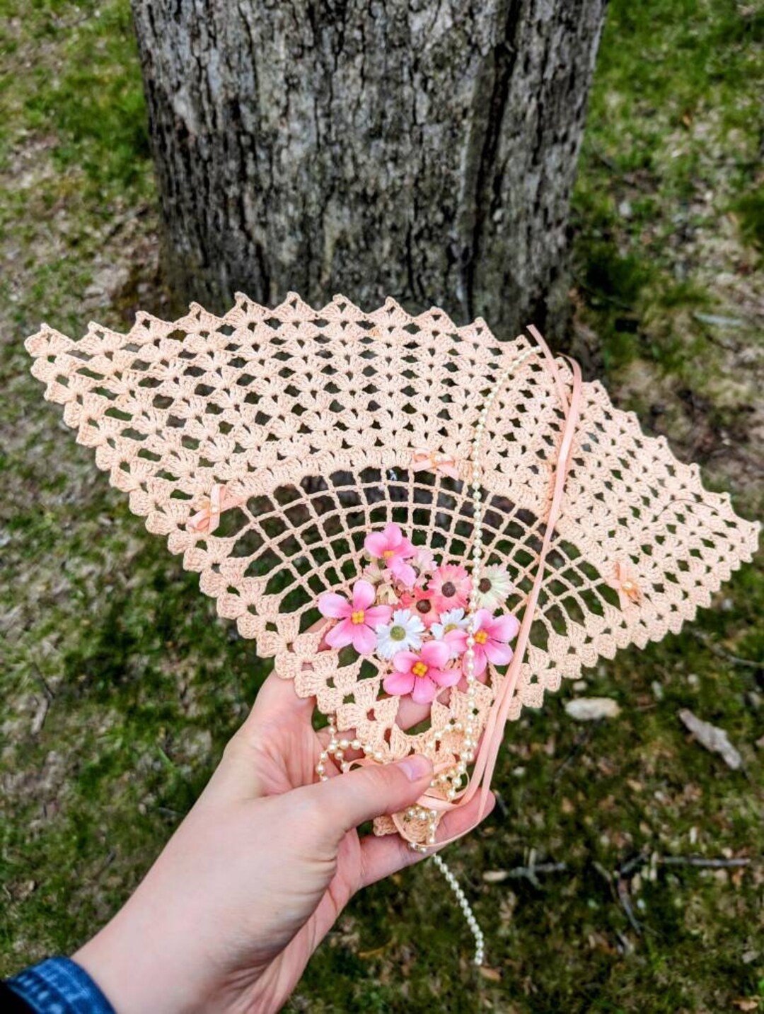 Pink Woven Fan Floral Fan for Cosplay Film Props Crochet Fan Knit Fan ...