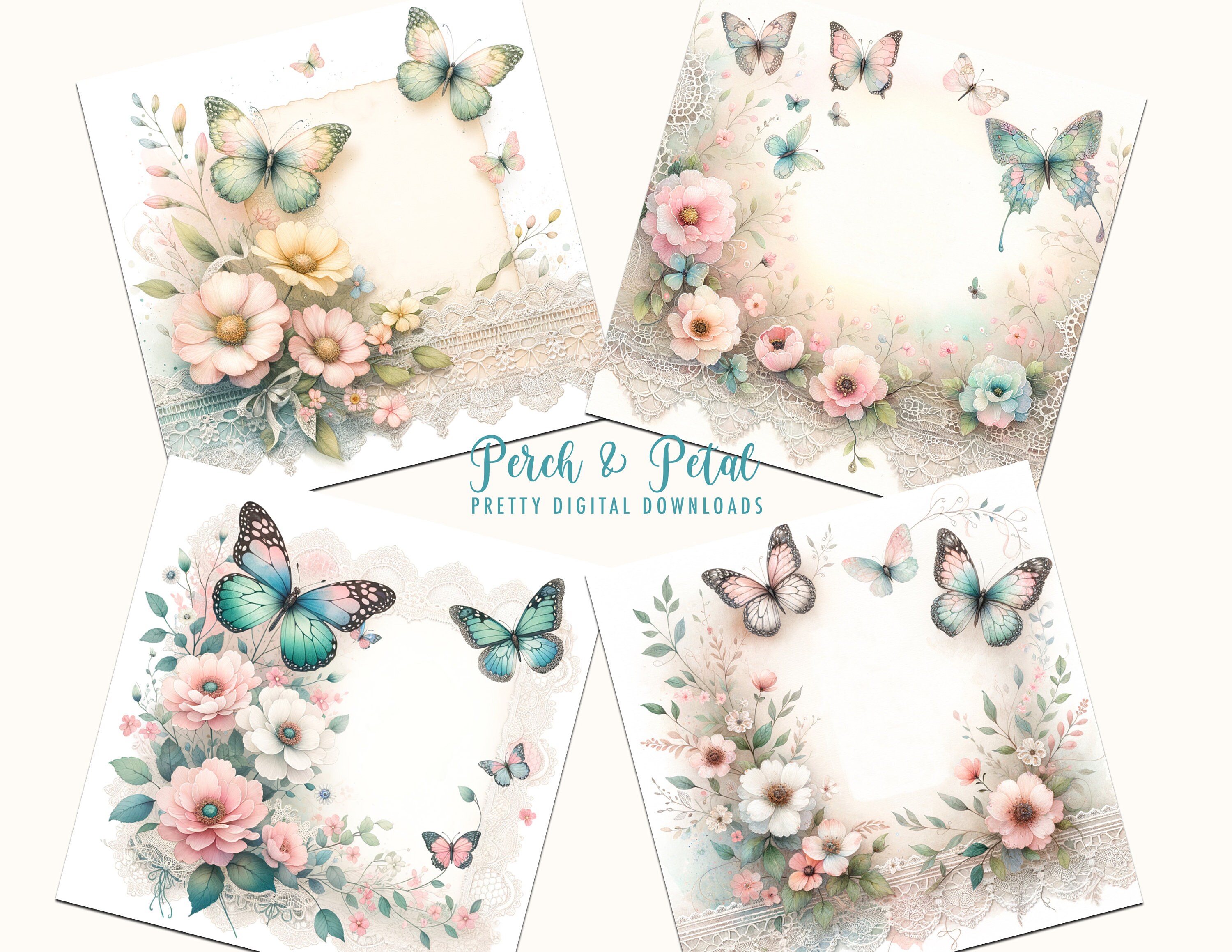 Butterflies & Lace Pretty Digital Scrapbook Paper, Junk Journal Paper ...