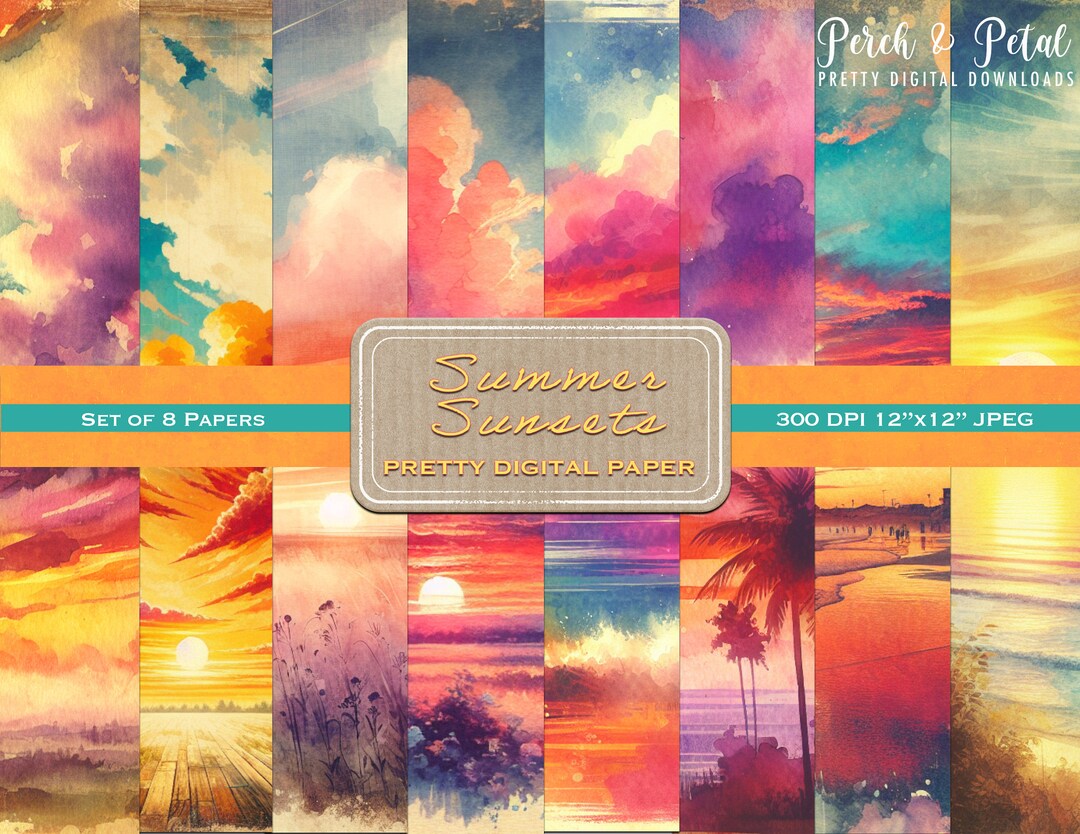 Summer Sunsets Pretty Digital Scrapbook Paper, Watercolor Style ...