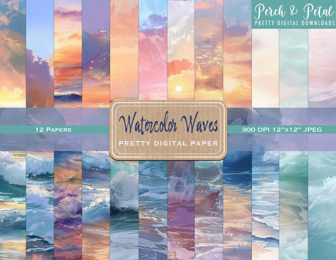 Watercolor Waves Pretty Digital Scrapbook Paper, Instant Download ...