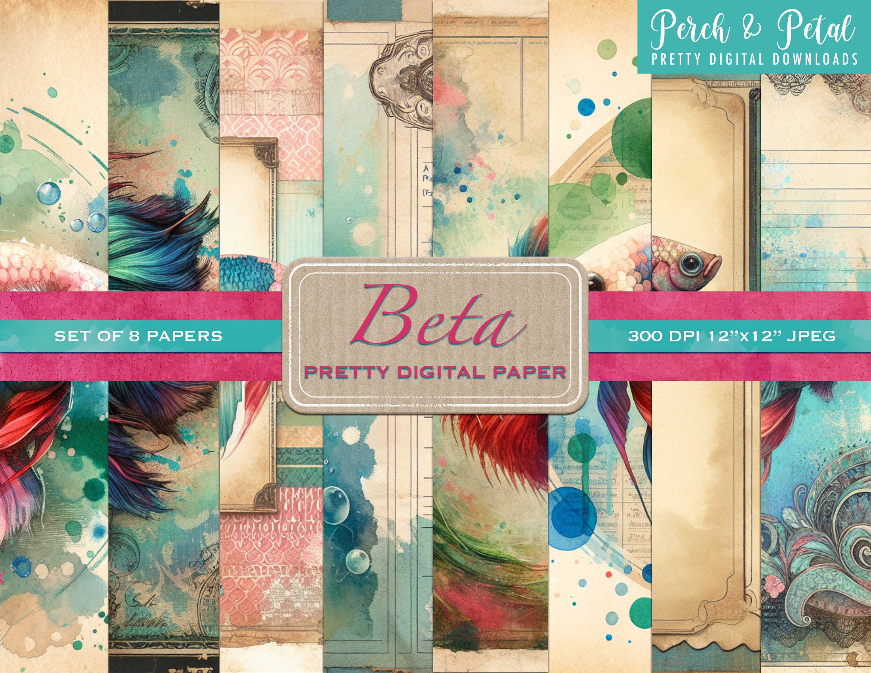 Beta Fish Watercolor Pretty Digital Scrapbook Paper, Journal, Cards ...