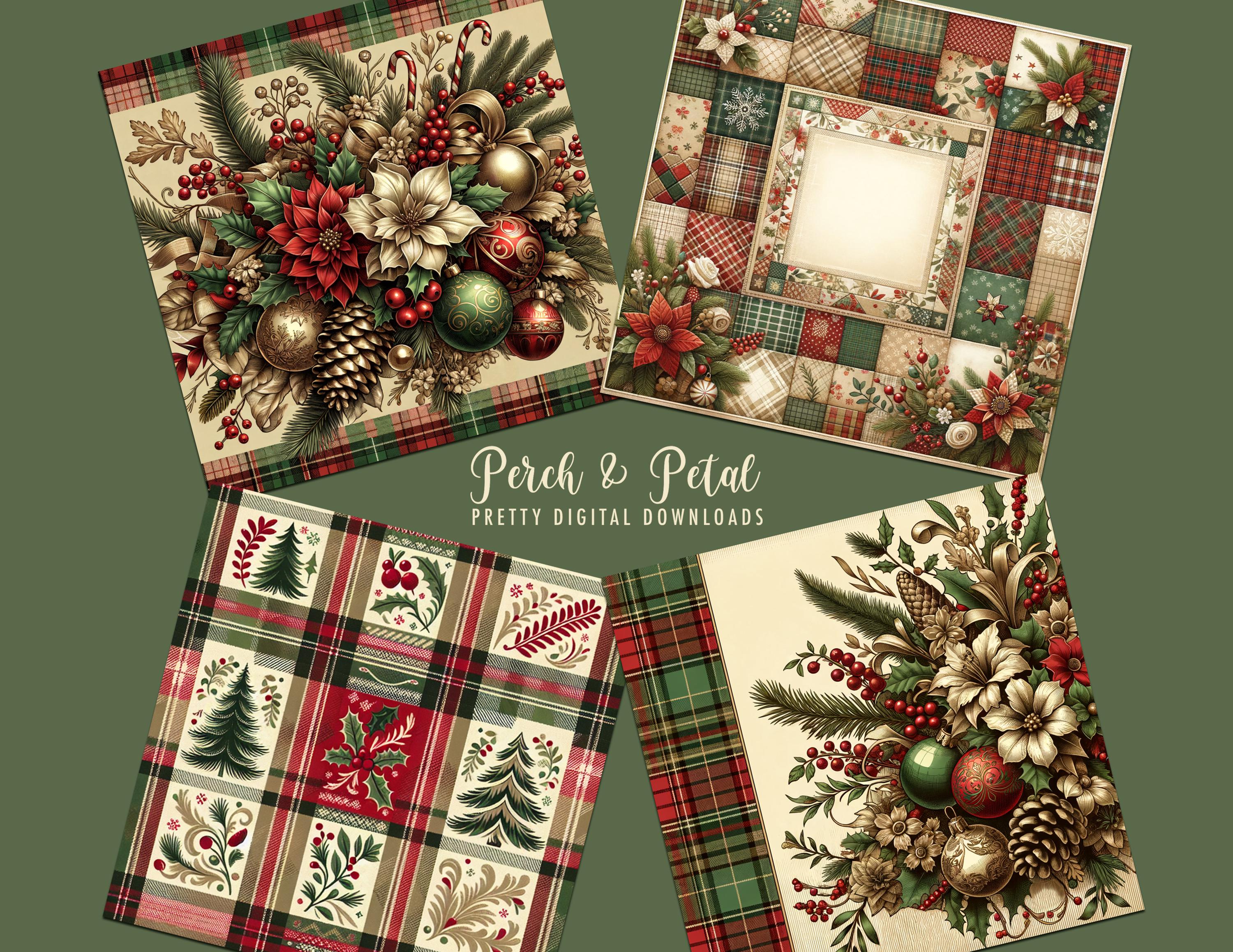 Christmas Plaid and Patchwork Pretty Digital Scrapbook Paper, Instant ...
