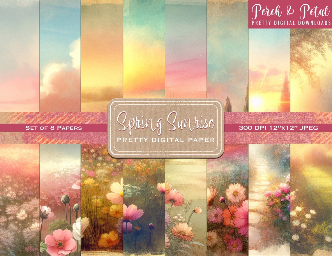 Spring Sunrise Pretty Digital Scrapbook Paper, Watercolor Style ...