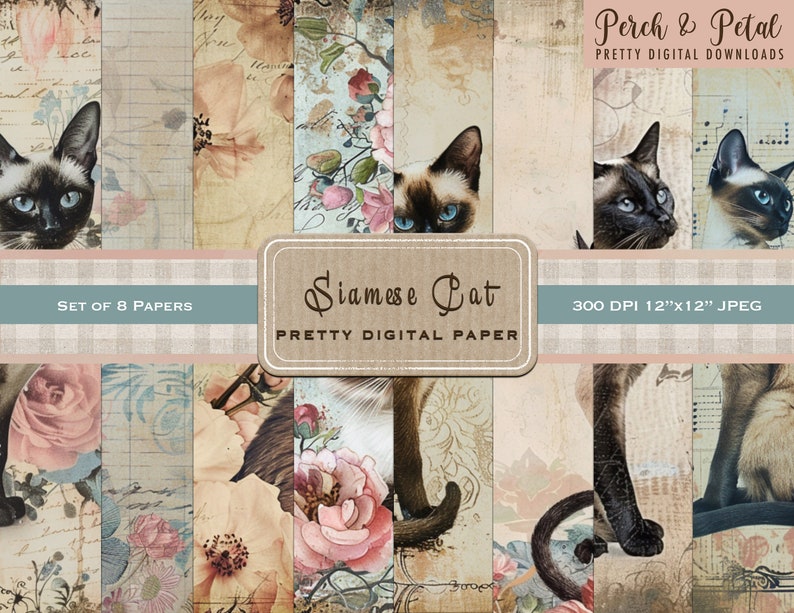 Siamese Cat Pretty Digital Scrapbook Paper, Vintage Style, Instant ...