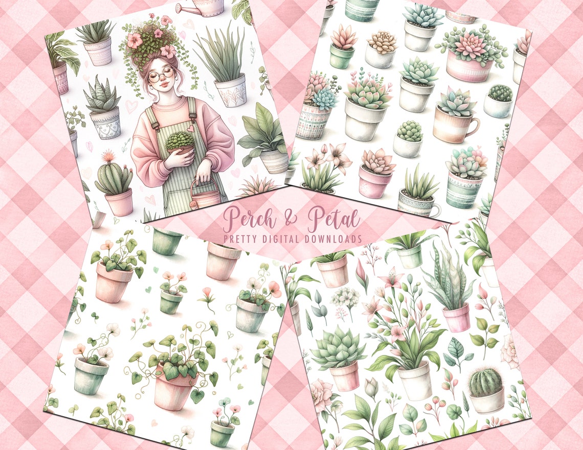 Crazy for Plants Pretty Digital Scrapbook Paper, Watercolor Style, Junk ...