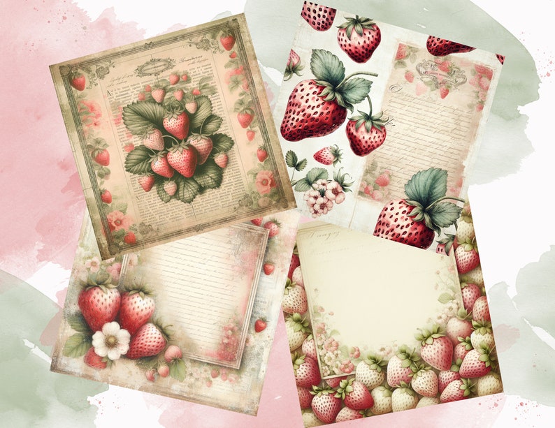 Strawberry Pretty Digital Scrapbook Paper, Vintage Style, Instant ...