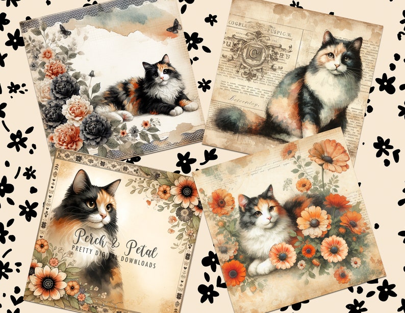 Calico Cat Pretty Digital Scrapbook Papers, Watercolor Style, Junk ...