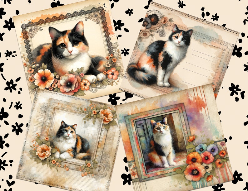 Calico Cat Pretty Digital Scrapbook Papers, Watercolor Style, Junk ...