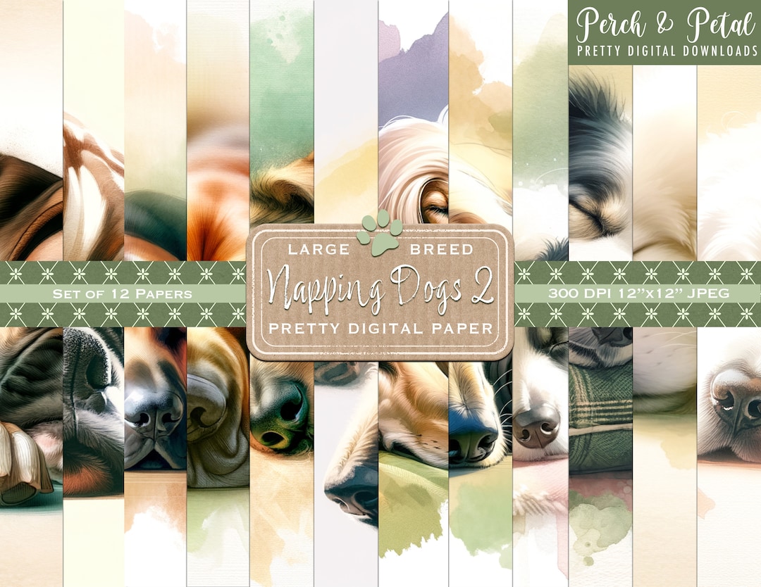 Napping Dogs 2 Large Breed Pretty Digital Scrapbook Paper, Instant ...