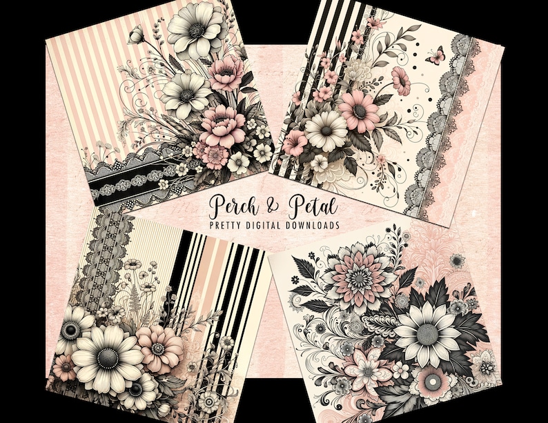 Pink and Black Vintage Floral Pretty Digital Scrapbook Paper, Instant ...