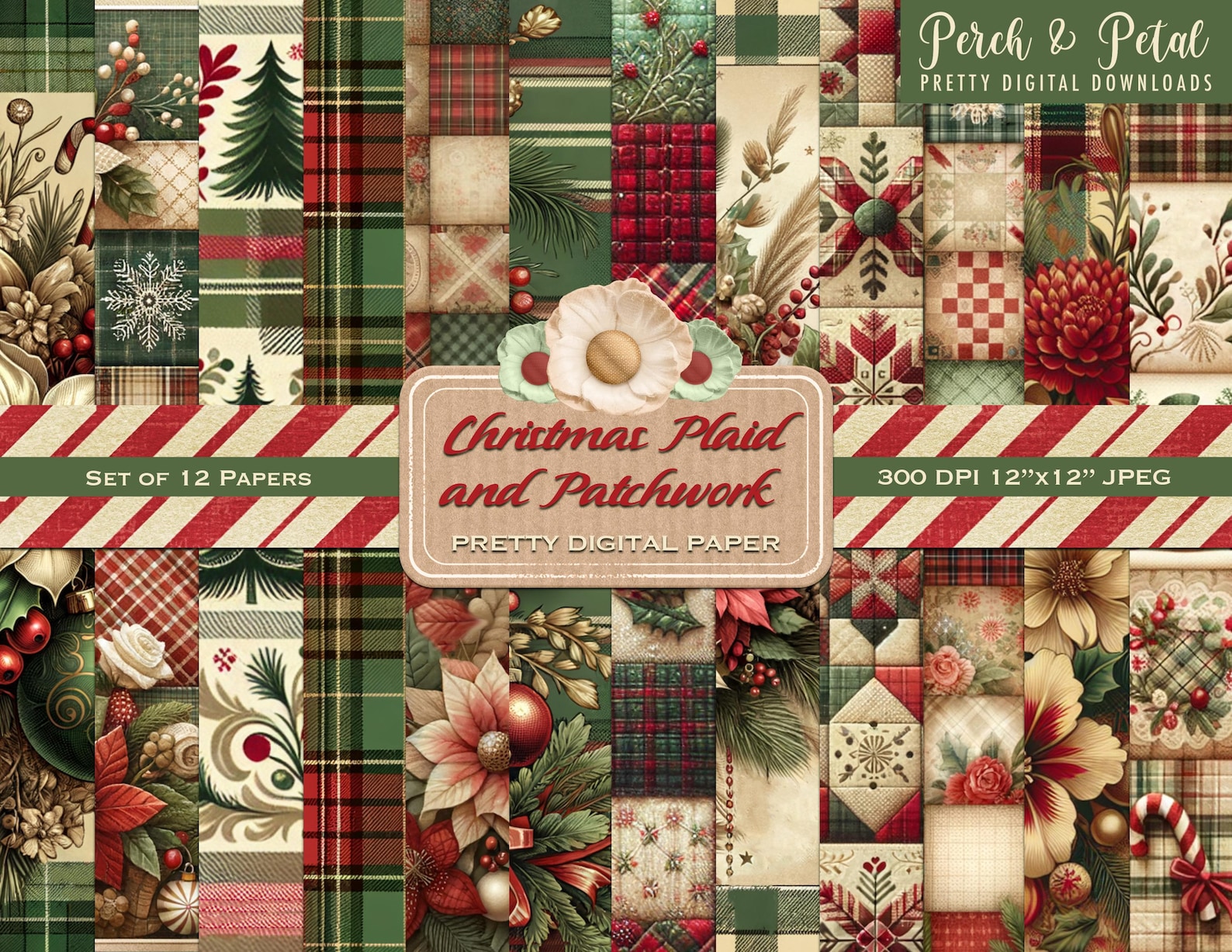 Christmas Plaid and Patchwork Pretty Digital Scrapbook Paper, Instant ...