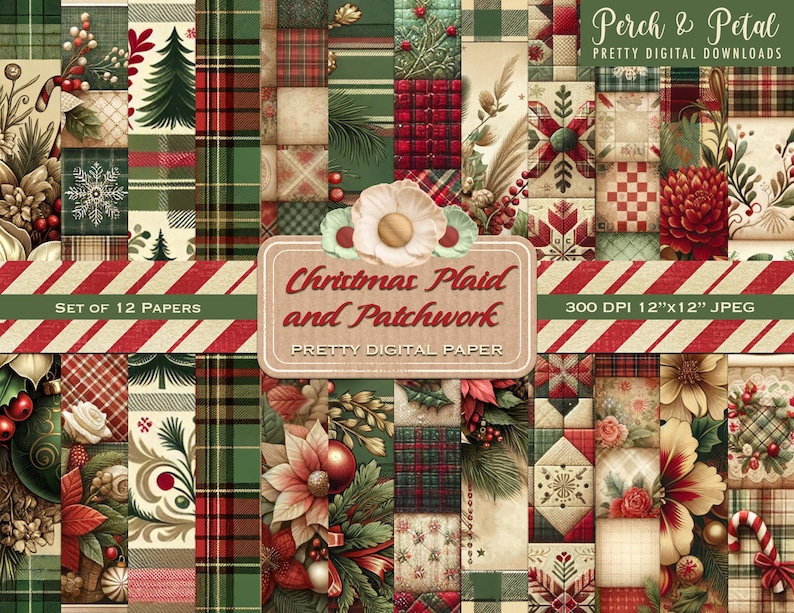 Christmas Plaid and Patchwork Pretty Digital Scrapbook Paper, Instant ...