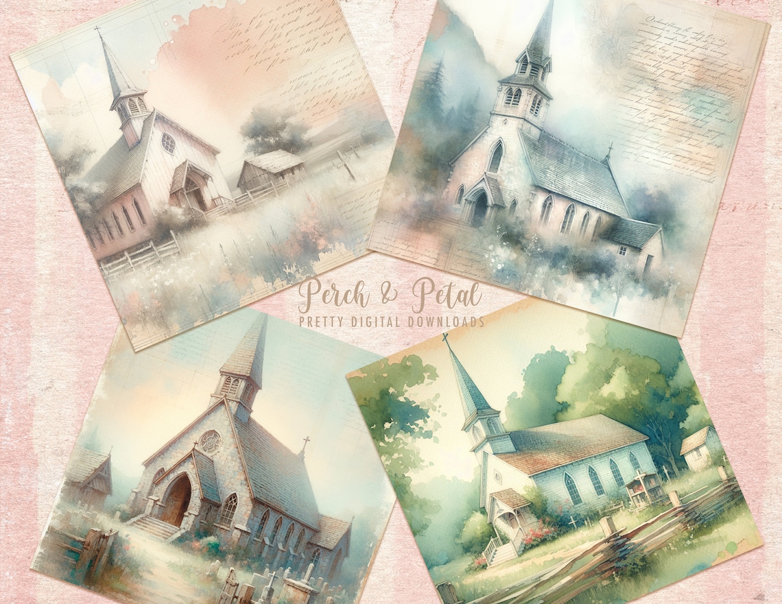 Country Church Pretty Digital Scrapbook Paper, Watercolor Style, Junk ...