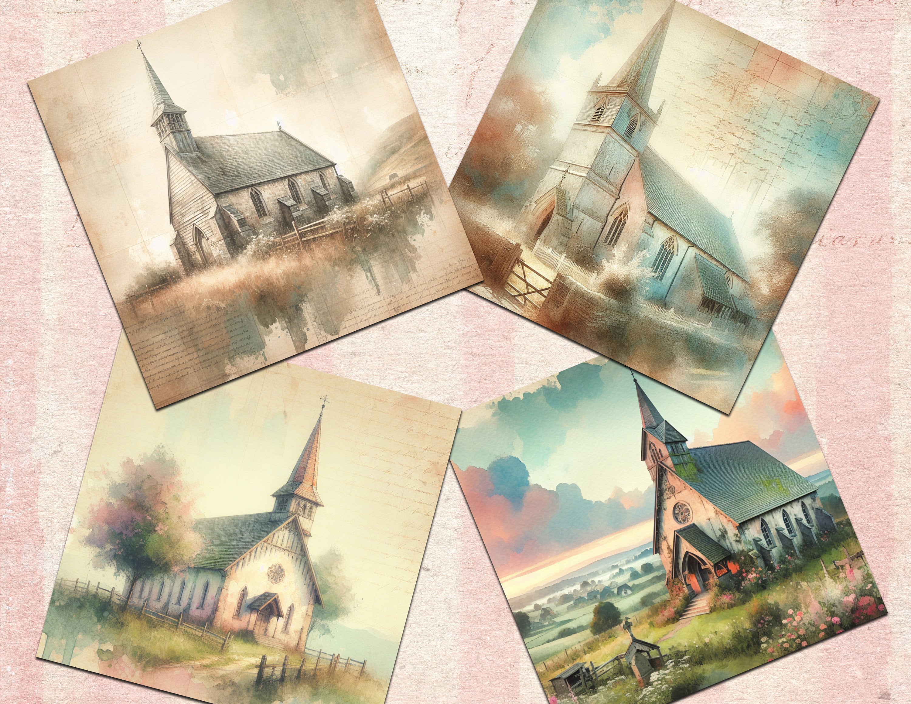 Country Church Pretty Digital Scrapbook Paper, Watercolor Style, Junk ...