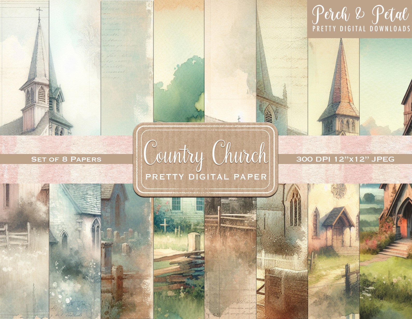 Country Church Pretty Digital Scrapbook Paper, Watercolor Style, Junk ...