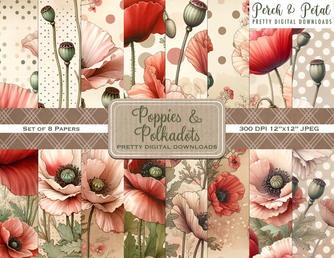 Poppies and Polkadots Pretty Digital Scrapbook Paper, Vintage Style ...