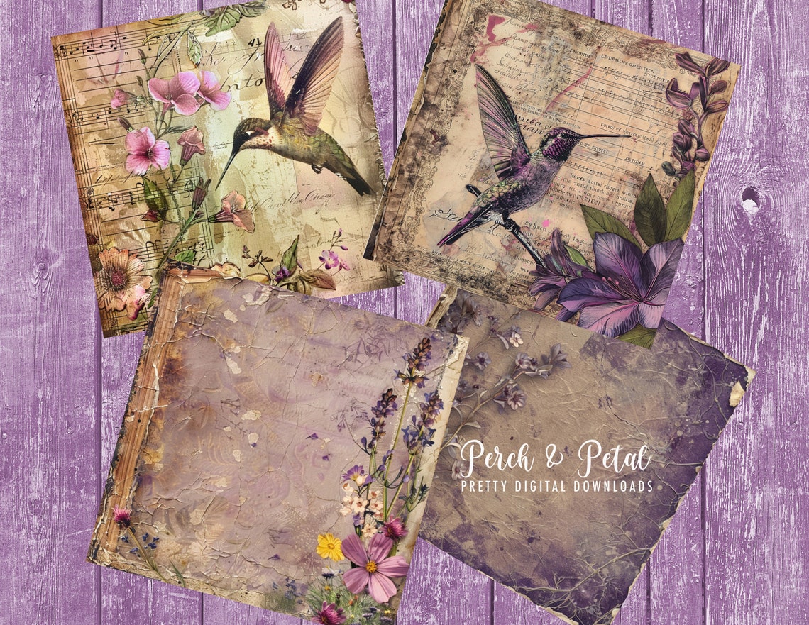 Purple Hummingbird Pretty Digital Scrapbook Paper, Vintage Style ...