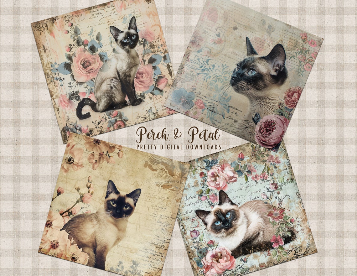 Siamese Cat Pretty Digital Scrapbook Paper, Vintage Style, Instant ...