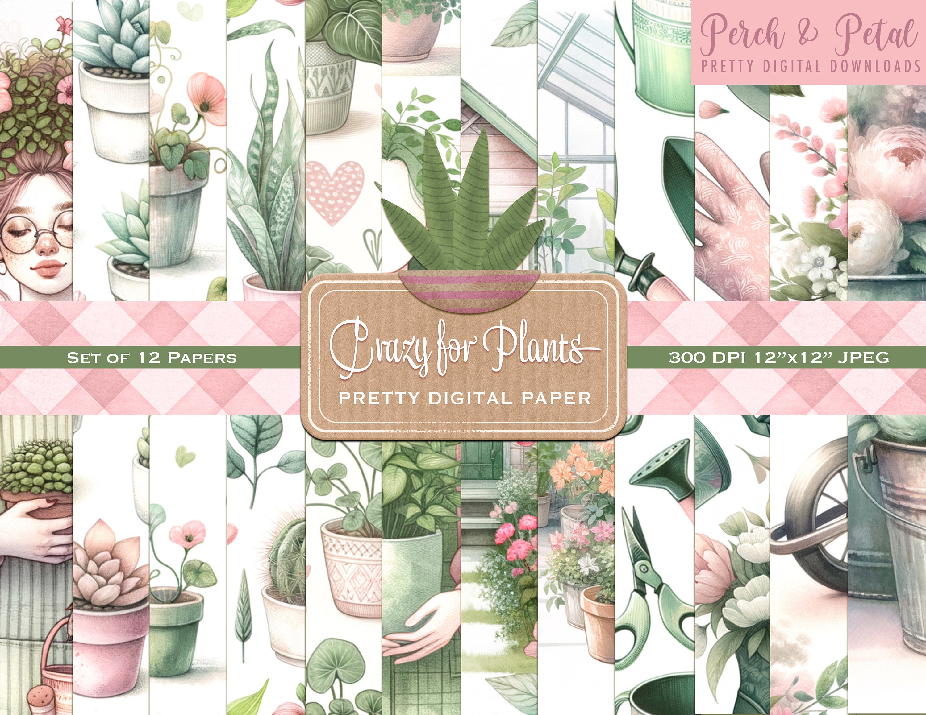 Crazy for Plants Pretty Digital Scrapbook Paper, Watercolor Style, Junk ...
