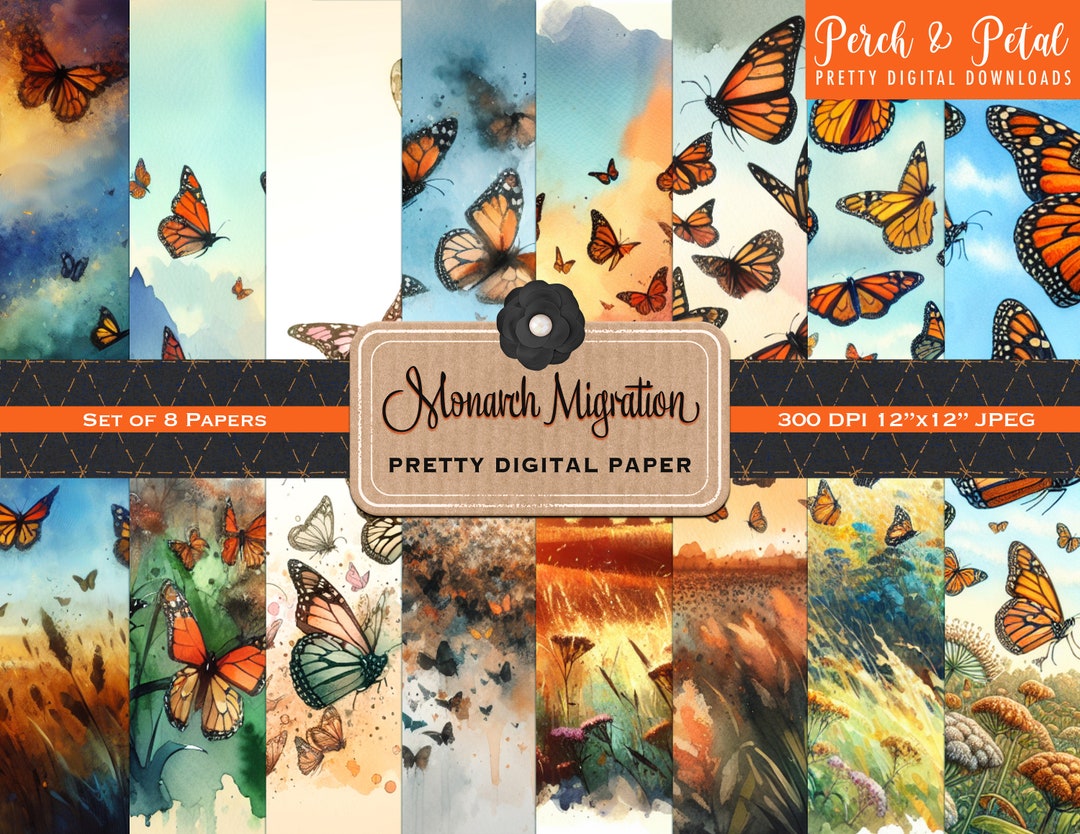 Monarch Migration Watercolor Style Pretty Digital Scrapbook Paper ...