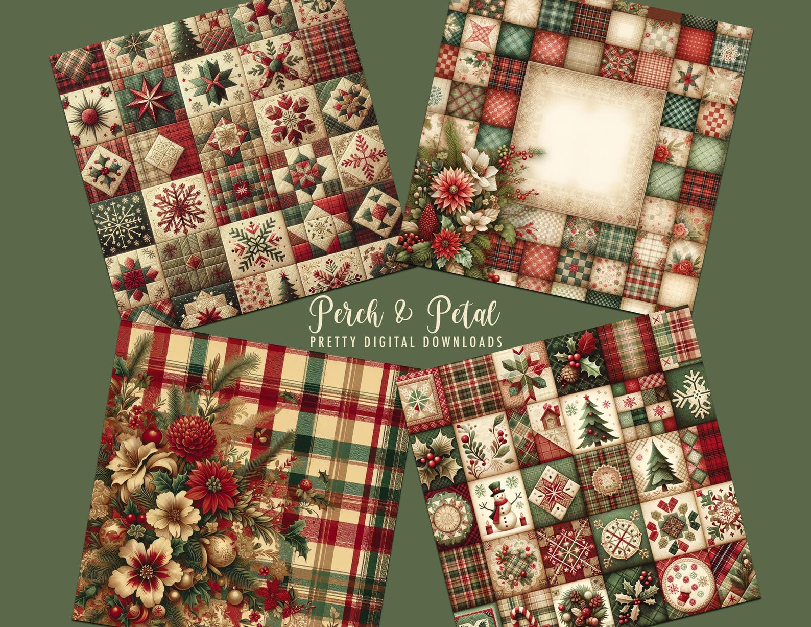 Christmas Plaid and Patchwork Pretty Digital Scrapbook Paper, Instant ...