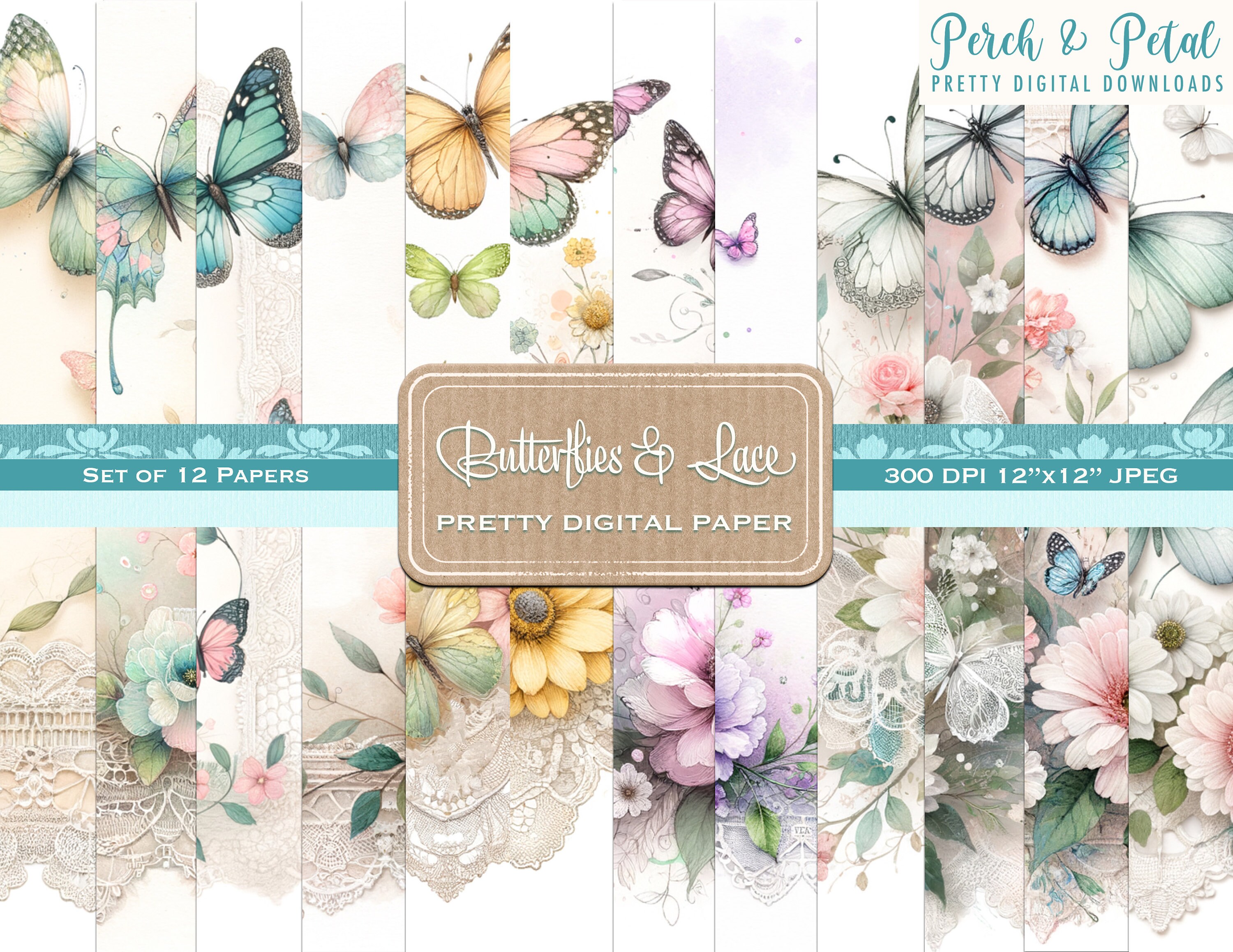 Butterflies & Lace Pretty Digital Scrapbook Paper, Junk Journal Paper ...